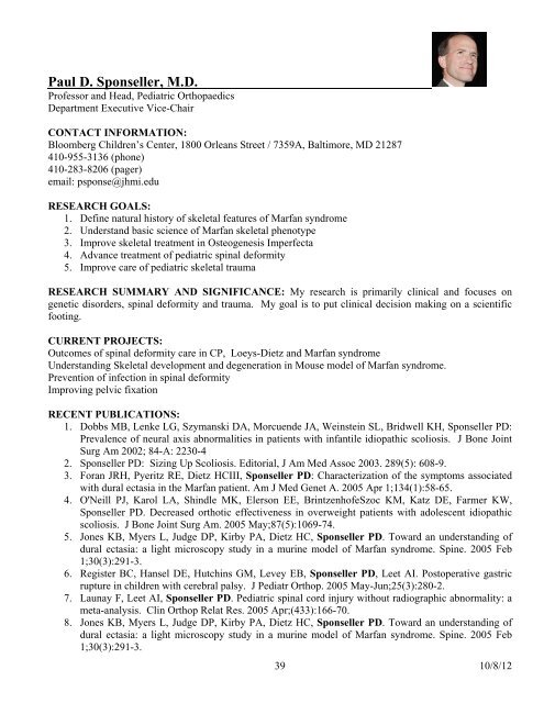 Paul D. Sponseller, M.D. - Johns Hopkins Orthopaedic Surgery