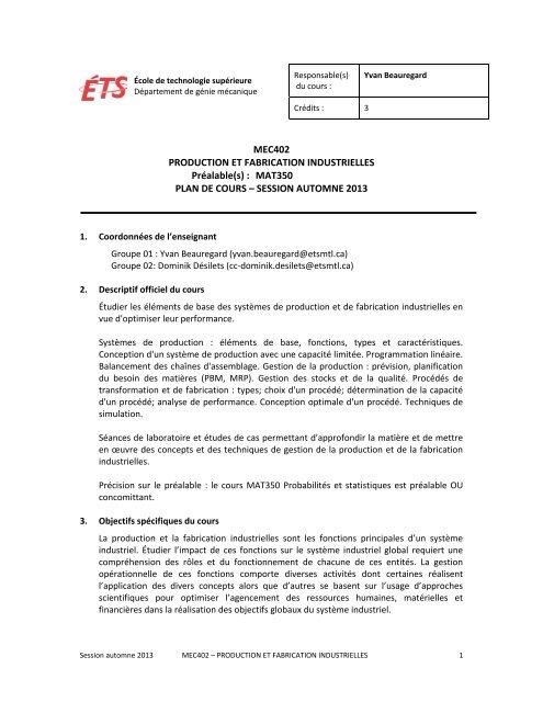 Plan de cours - ÉTS