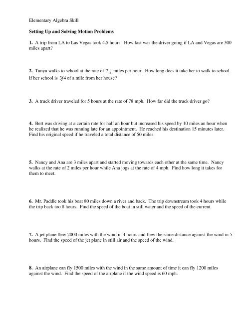 Elementary Algebra Skill Setting Up and Solving Motion Problems 1 ...
