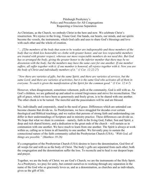 Gracious Separation Policy - the Pittsburgh Presbytery