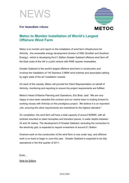 Metoc to Monitor Installation of World's Largest ... - Metoc.co.uk