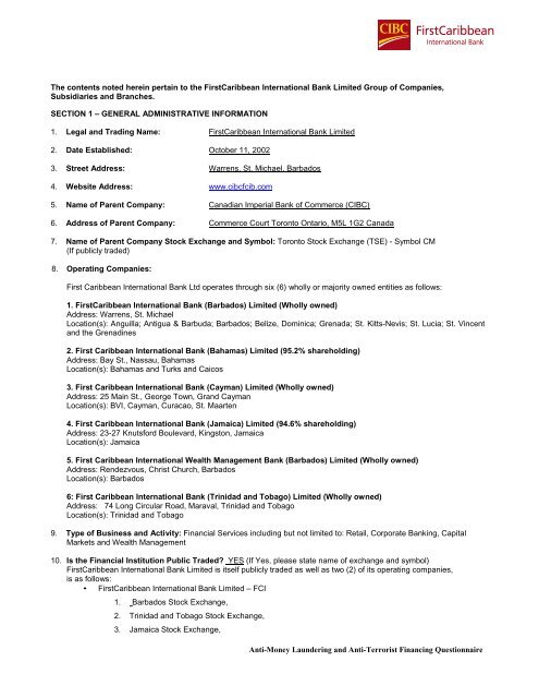 Anti-Money Laundering and Anti-Terrorist Financing Questionnaire