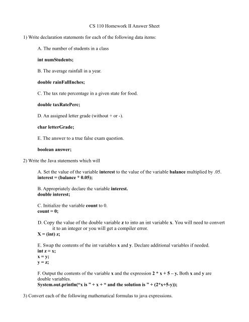 CS 110 Homework II Answer Sheet 1) Write declaration statements ...