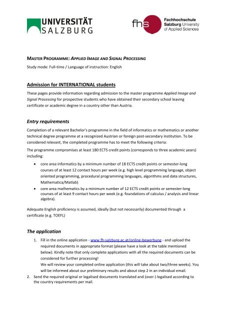 Admission for INTERNATIONAL students Entry requirements The ...