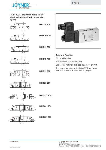 2.0024 3/2-, 5/2-, 5/3-Way Valve G1/4nn - JOYNER pneumatic GmbH