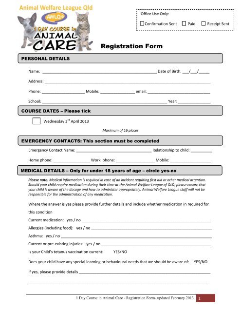 Registration Form - Animal Welfare League of Queensland