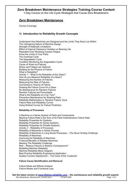 Zero Breakdown Maintenance Strategies Training Course Content ...