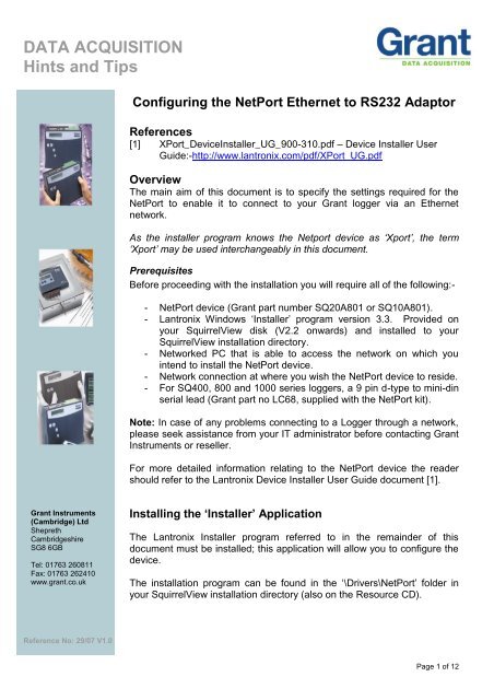 Configuring the NetPort Ethernet to RS232 Adaptor - Grant Instruments
