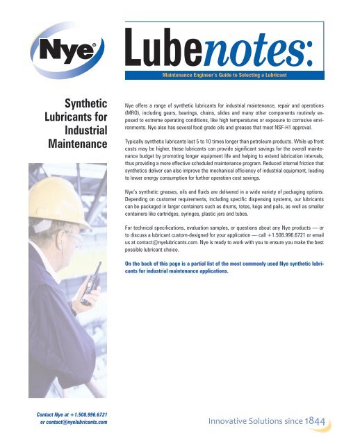Synthetic Lubricants for Industrial Maintenance - Nye Lubricants, Inc.
