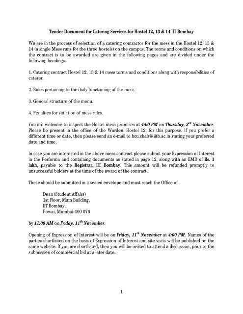 Tender Document for Catering Services for Hostel 12 ... - Gymkhana