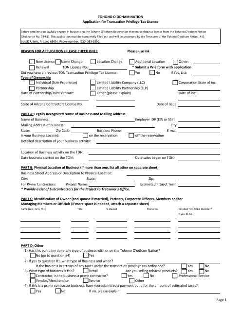 Transaction Privilege Tax License Application - Tohono O'odham ...