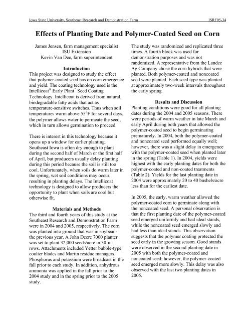 Effects of Planting Date and Polymer-Coated Seed on Corn