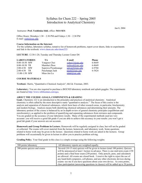 Syllabus for Chem 222 - UIC Department of Chemistry