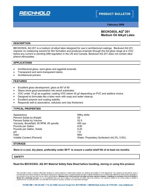 BECKOSOL AQ 201 Medium Oil Alkyd Latex - Reichhold