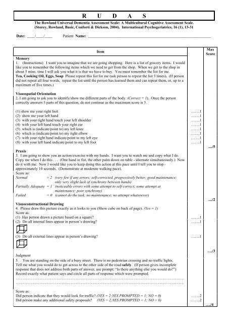The Rowland Universal Dementia Assessment Scale (RUDAS): A ...