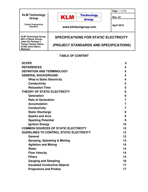 588. Engineering Standards for Static Electricity Specifications