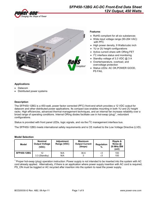 SFP450-12BG AC-DC Front-End Data Sheet 12V ... - Power-One