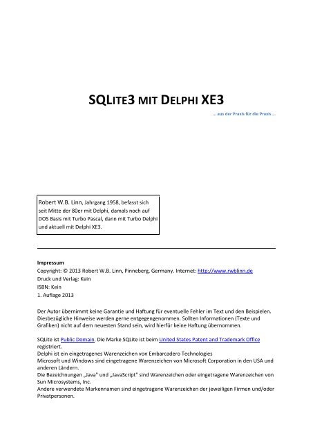 Tutorial SQLite mit Delphi XE3 - Robert WB Linn