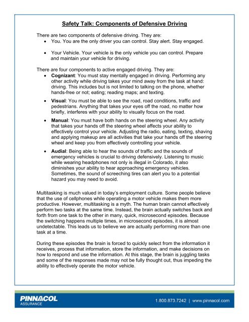 Safety Talk: Components of Defensive Driving - Pinnacol Assurance