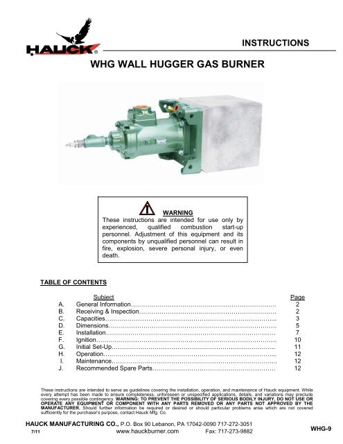 WHG WALL HUGGER GAS BURNER - Hauck Manufacturing