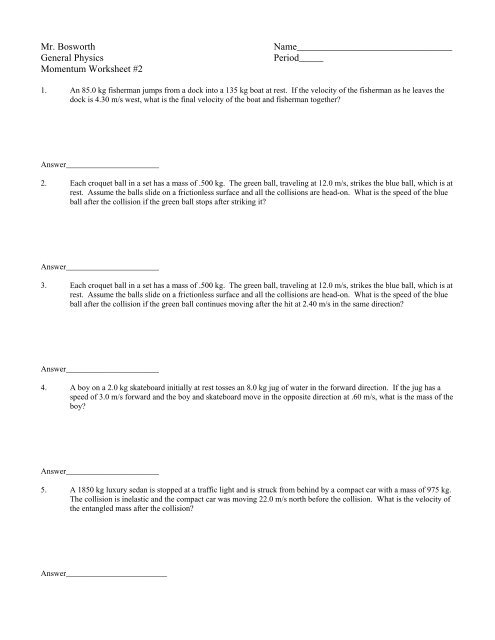 General Physics Momentum Worksheet #2 Answers - Must Read General Physics Momentum Worksheet #2 Answers - Must Read