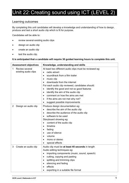 Unit 22: Creating sound using ICT (LEVEL 2) - OCR