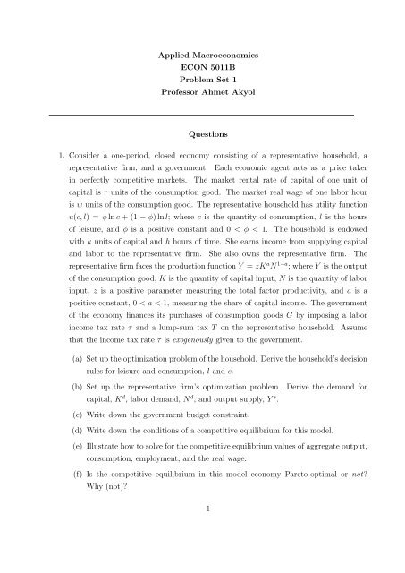 Applied Macroeconomics ECON 5011B Problem Set 1 Professor ...