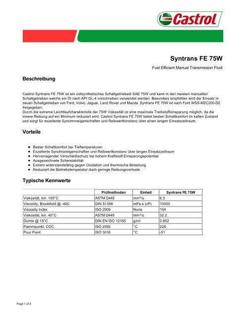 CASTROL Syntrans V FE 75W 80 PDF PDF Viscosity Mechanical