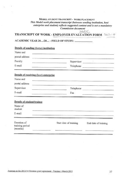 Work Placement Evaluation form