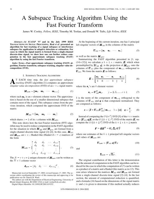 A Subspace Tracking Algorithm Using The Fast Fourier Ieee Xplore