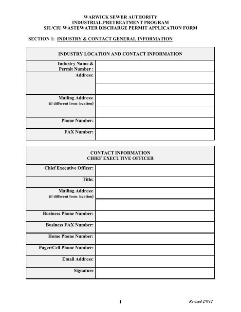 Permit Application Form for SIU-CIU - Warwick, Rhode Island