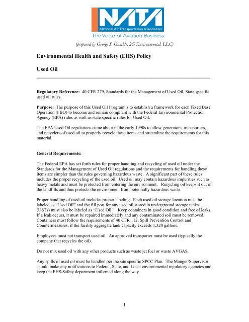 Environmental Health and Safety (EHS) Policy Used Oil - NATA