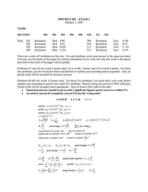 PHYSICS 202 â EXAM 1