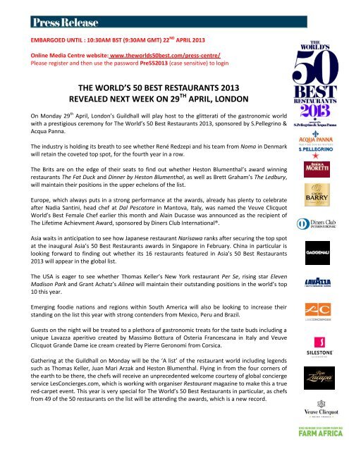 PRESS RELEASE - The World's 50 Best Restaurants