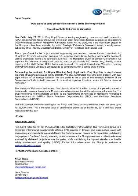 Final Press Release -crude oil storage project.pdf - Punj Lloyd