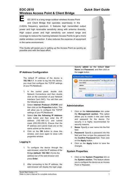 EOC-2610 Quick Start Guide Wireless Access Point & Client Bridge