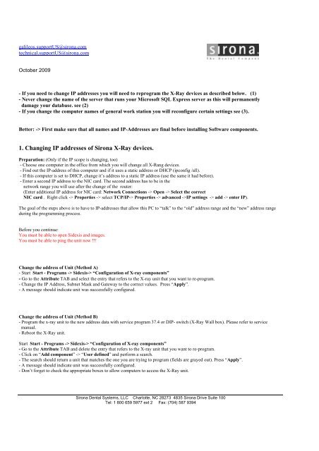 1. Changing IP addresses of Sirona X-Ray devices. - Sirona Support