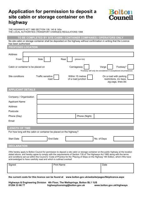 Application form - Site cabin or storage container