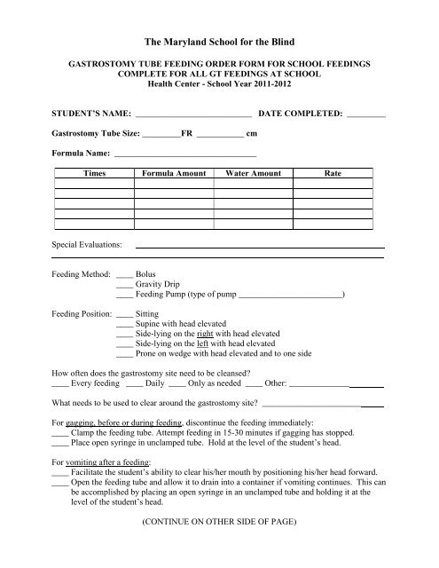 GASTROSTOMY TUBE FEEDING ORDERS - The Maryland School ...