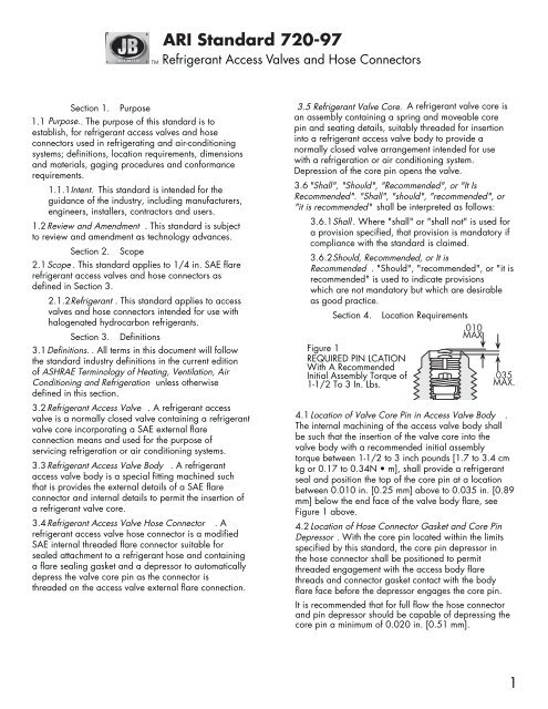 ARI Standard 720-97 Refrigerant Access Valves ... - JB Industries, Inc.