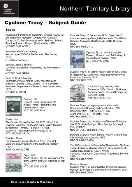 Cyclone Tracy Bibliography - Department of Arts and Museums
