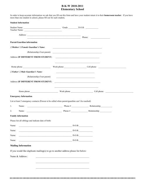 Emergency Contact Form, Elementary School