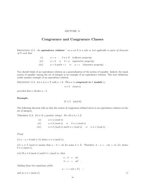 Lecture 11: Congruence and Congruence Classes