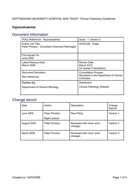 Hypocalcaemia - Nottingham University Hospitals NHS Trust
