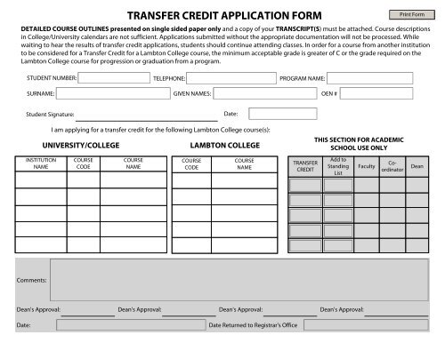 TRANSFER CREDIT APPLICATION FORM - Lambton College