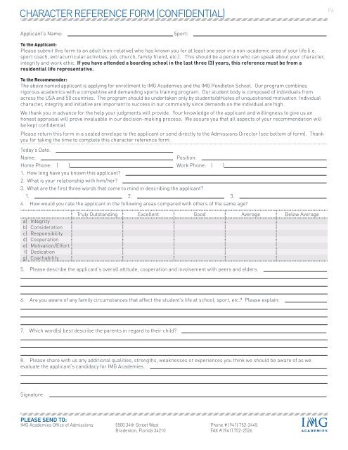 CHARACTER REFERENCE FORM (CONFIDENTIAL) - IMG Academy