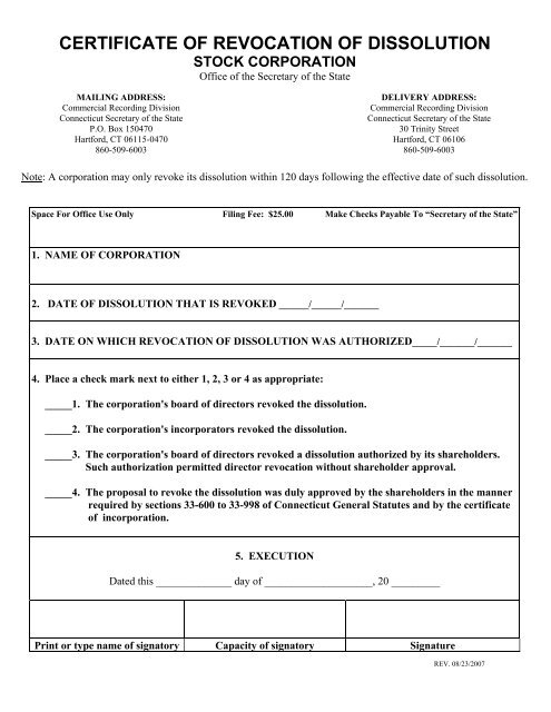 certificate of revocation of dissolution - Secretary's Home Page