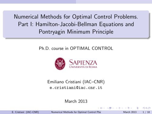 Numerical Methods for Optimal Control Problems. Part I ... - Cnr Numerical Methods for Optimal Control Problems. Part I ... - Cnr