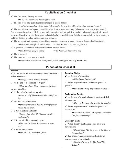 Capitalization Checklist Punctuation Checklist