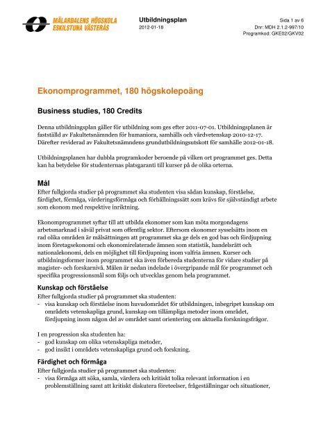 Utbildningsplan - Mälardalens högskola